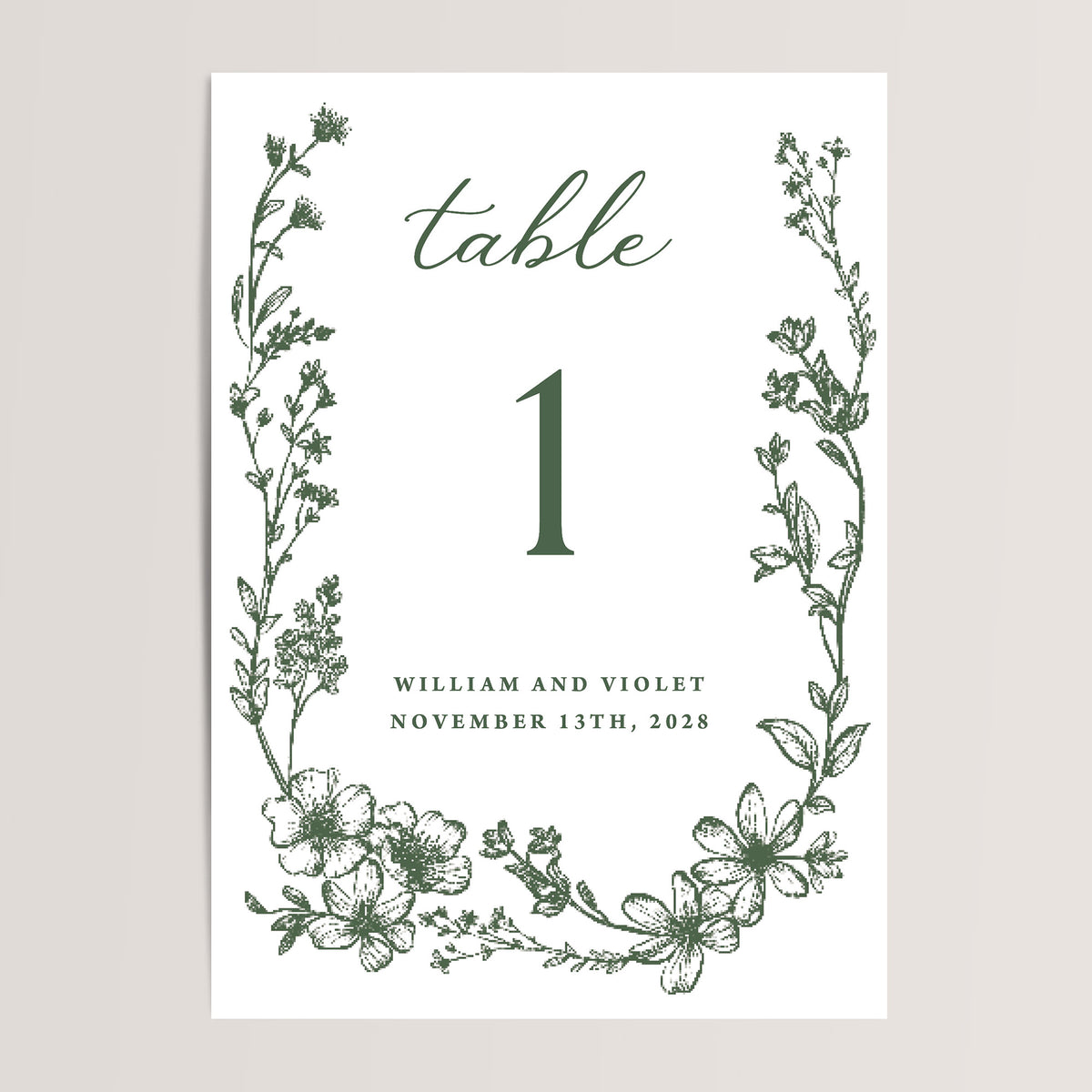 Dark Green Floral Table Numbers – Olive Invites