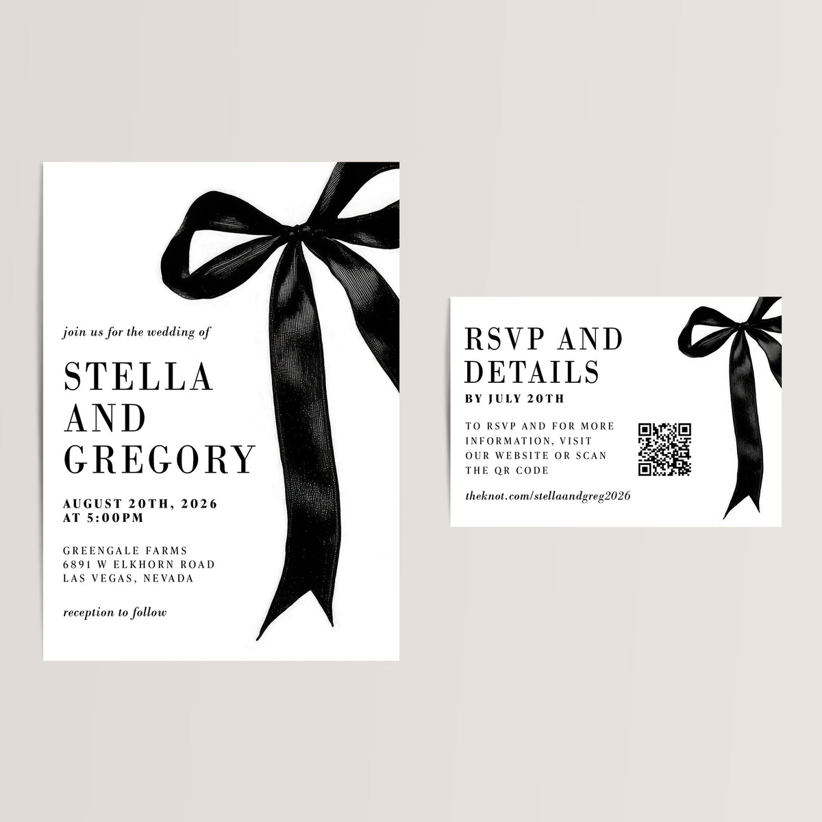 Black Bow Wedding Invitation & RSVP Card – Olive Invites