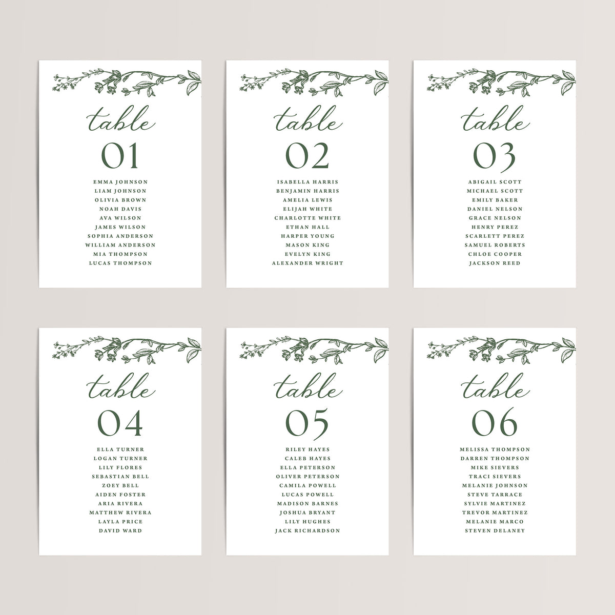 Dark Green Floral Seating Chart Cards – Olive Invites