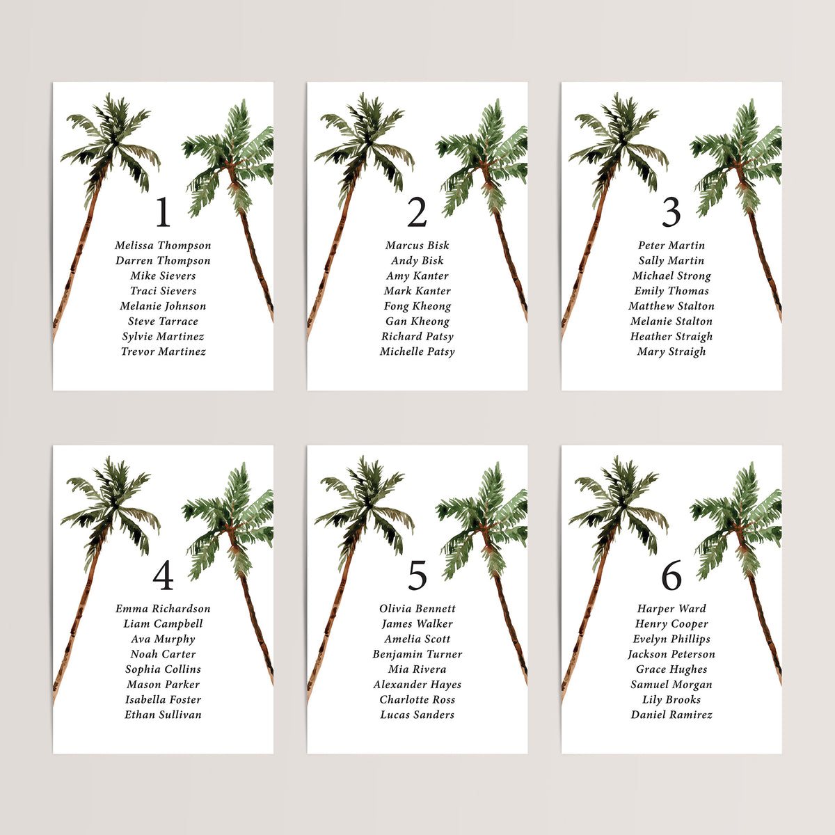 Palm Tree Wedding Seating Chart Cards – Olive Invites