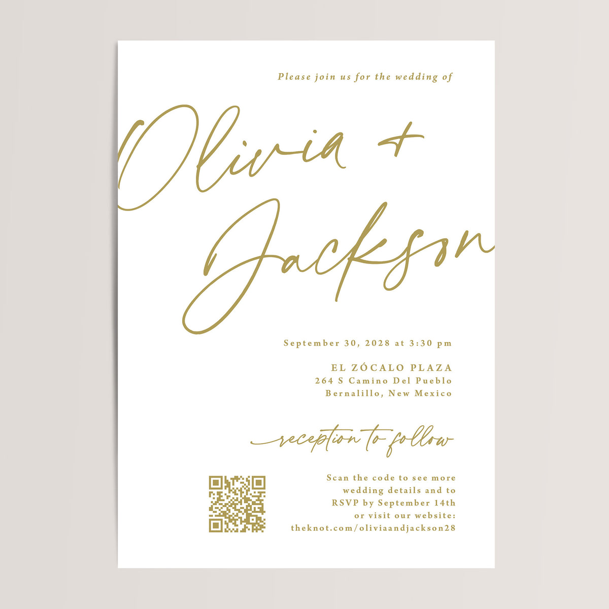 SAMPLE Simple Gold Wedding Invitation – Olive Invites